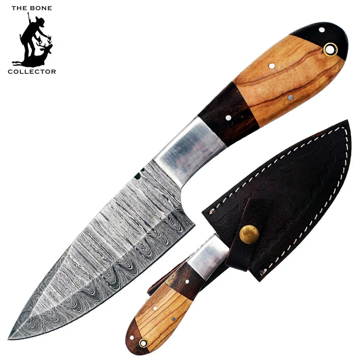 CUCHILLO WOOD BONE COLLECTOR 9" DAMASCUS MIXED BROWN CON FUNDA DE CUER ...